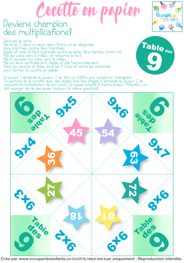 COCOTTE EN PAPIER: TABLE DES 9 (APPRENDRE LES MULTIPLICATIONS ...